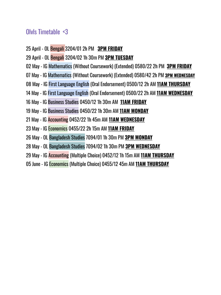 Olvels Exam Timetable 2 | PDF