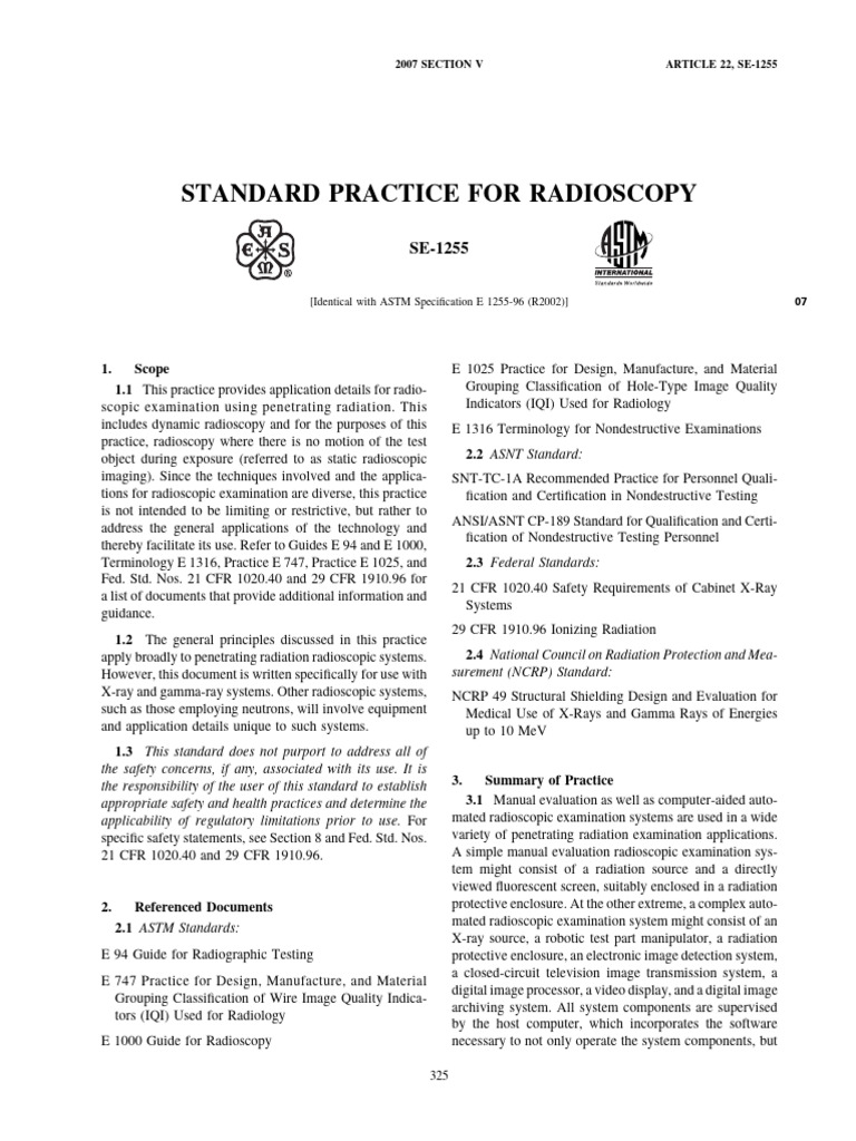 Radioscopy Standard Practice SE-1255 | PDF | Nondestructive Testing | X Ray