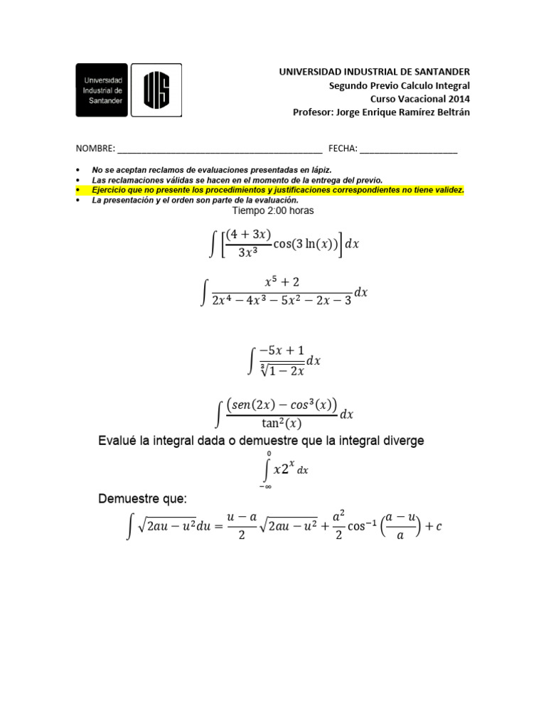 Segundo Previo Calculo Integral 2014 | PDF