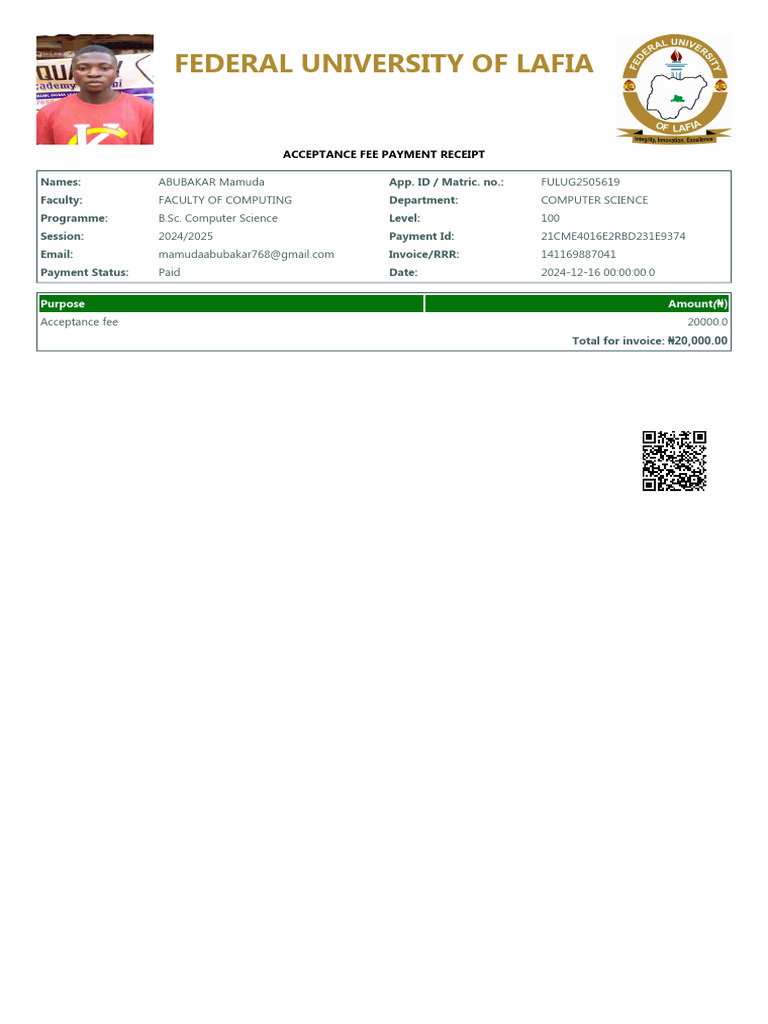 Acceptance Fee Receipt - B.Sc. Computer Science | PDF