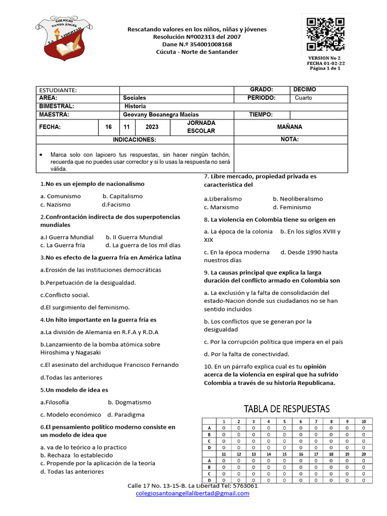 Bimestral Historia Grado Decimo 10° | PDF | Colombia | Guerra Fría