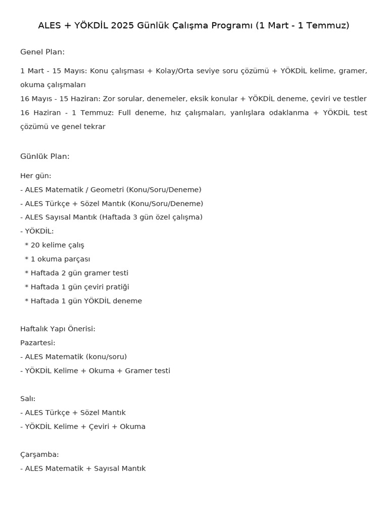ALES YOKDIL 2025 Gunluk Calisma Programi | PDF