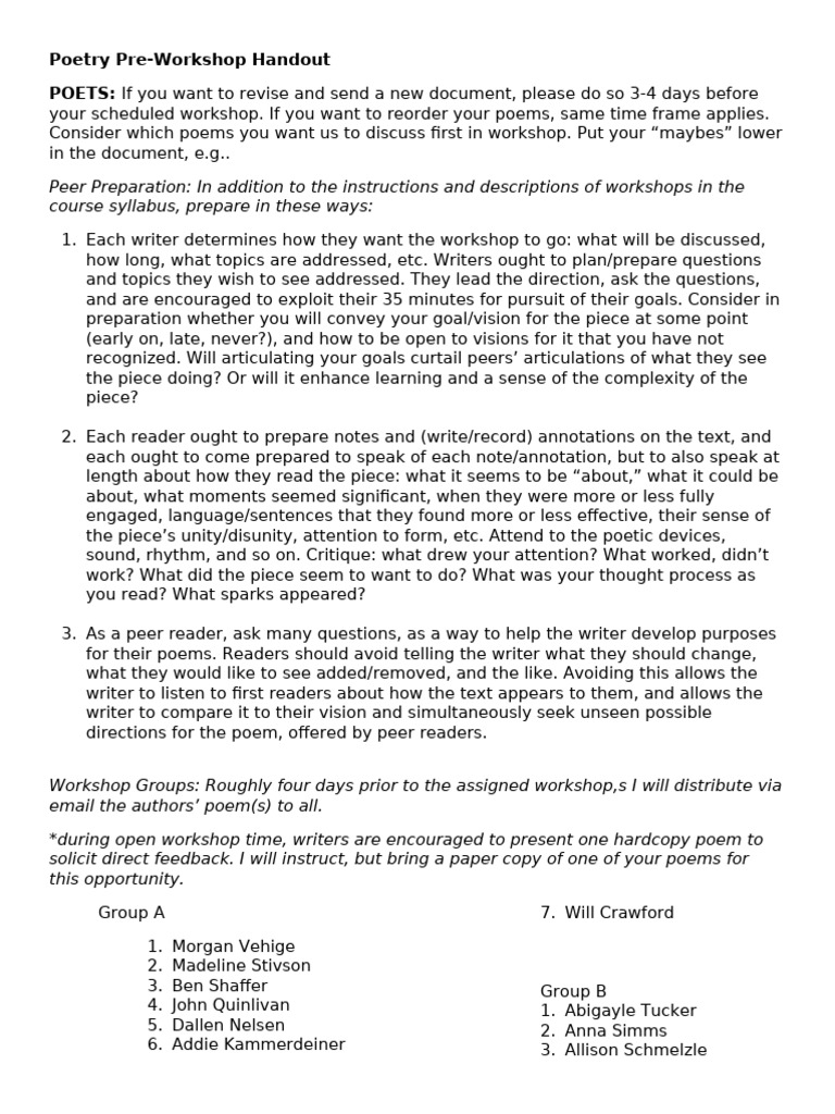 Poetry Sched Pre Workshop Handout | PDF | Poetry | Human Communication