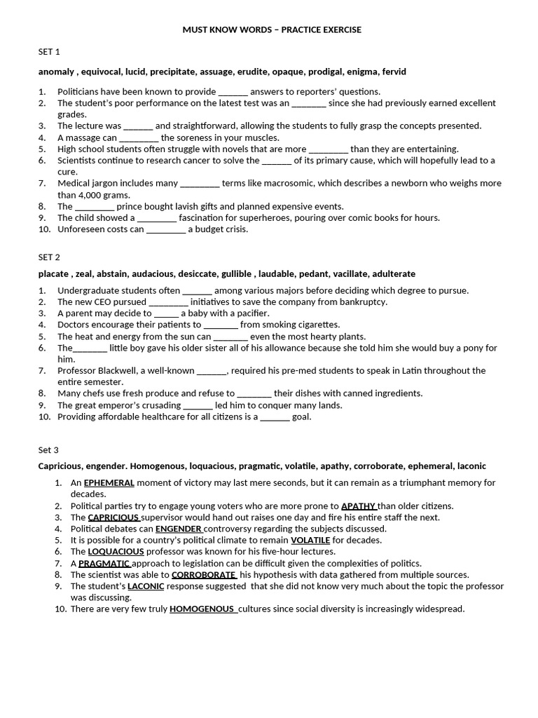 Essential Vocabulary Practice Exercise | PDF