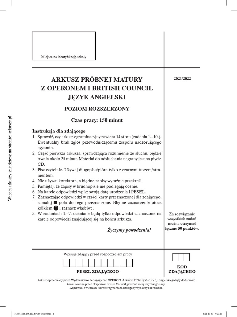 Jezyk Angielski 2021 Operon Probna Rozszerzona | PDF
