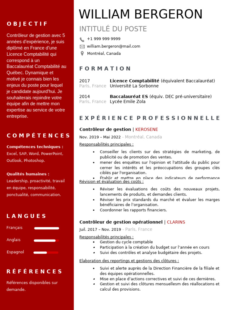CV Contrôleur de Gestion - William Bergeron | PDF | Motivation | Motivant