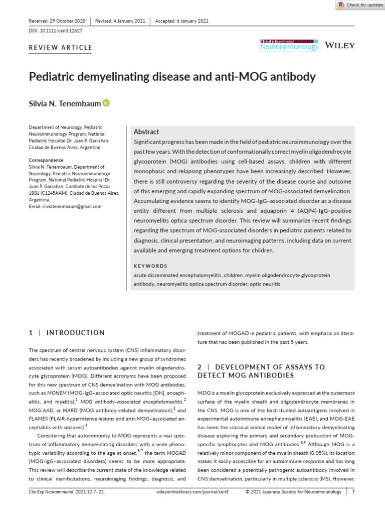 Pediatric Demyelinating Disease and anti-MOG Antibody Tenembaum 2021 | PDF | Multiple Sclerosis ...