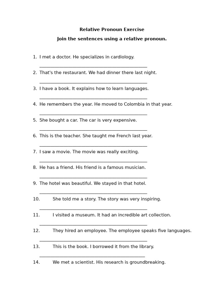 Relative Pronoun Exercise | PDF | Linguistics