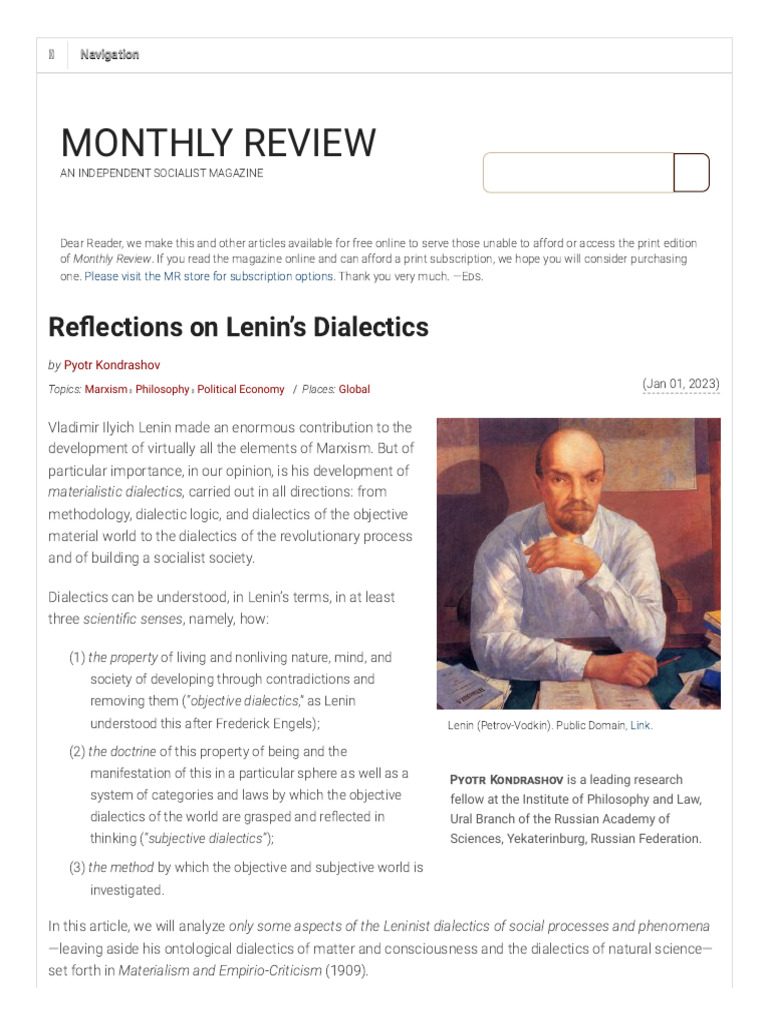 Monthly Review - Reflections On Lenin's Dialectics | PDF | Marxism ...