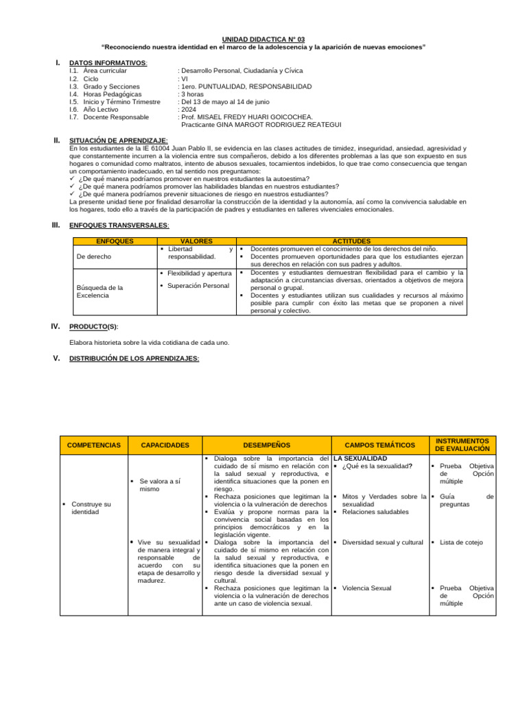 UNIDAD DIDáCTICA N° 03 DPCC 1°-Reconociendo nuestra identidad en el marco de la adolescencia y ...
