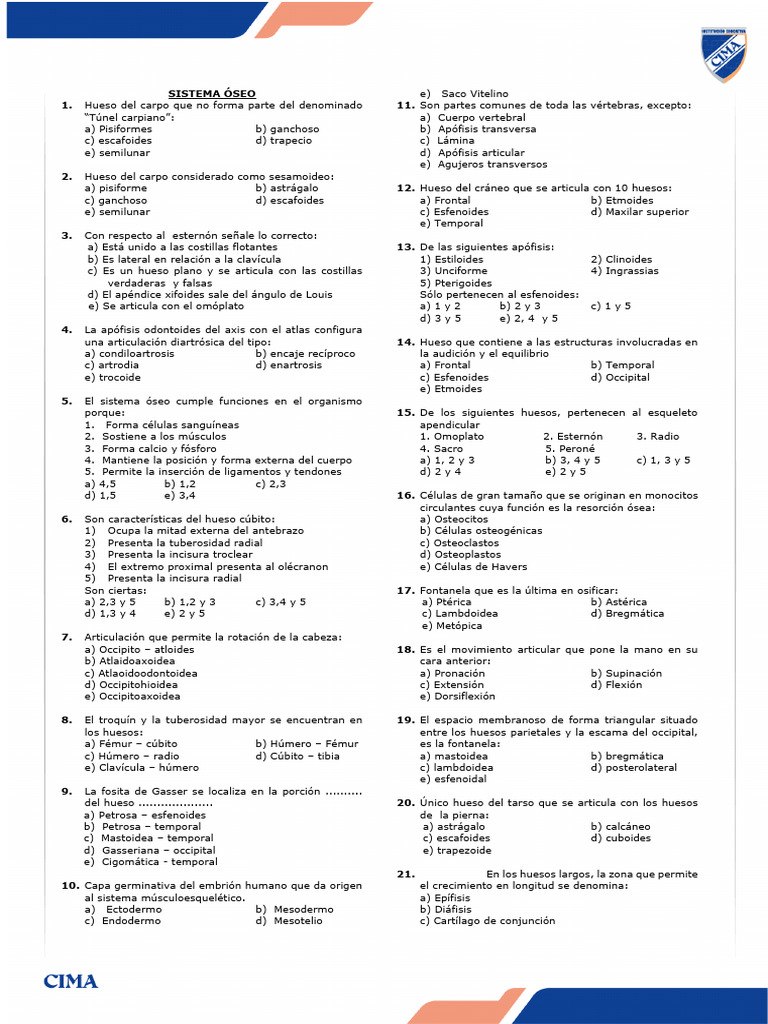 Sistema Óseo Preguntas Complementarias | PDF | Esqueleto | Hueso