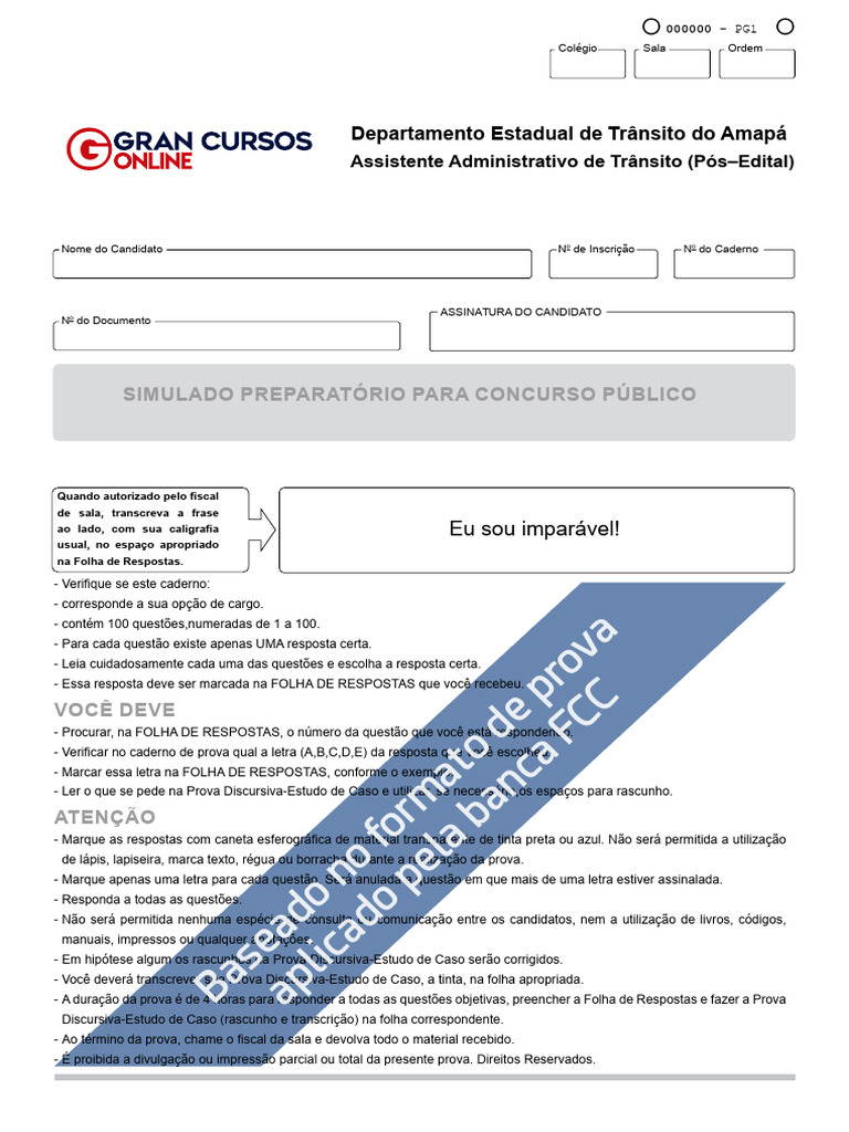 Detran AP 1 Simulado Assistente Administrativo de Transito Pos Edital Cod 13102022815 Folha de ...