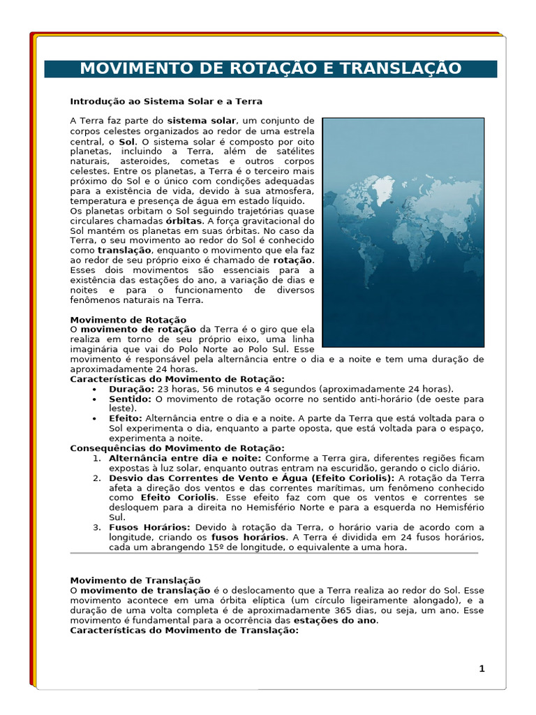 Movimentos de Rotação e Translação da Terra | PDF | Terra | Sol