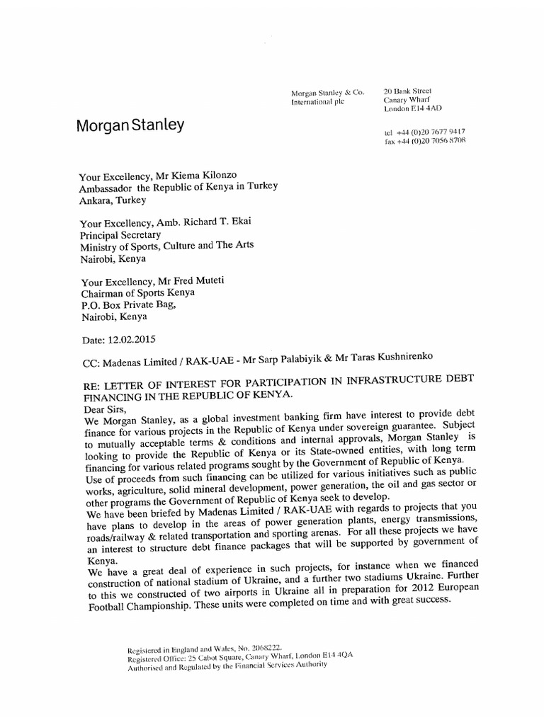 Morgan Stanley Letter To Minister of Sports Culture Arts Kenya For ...