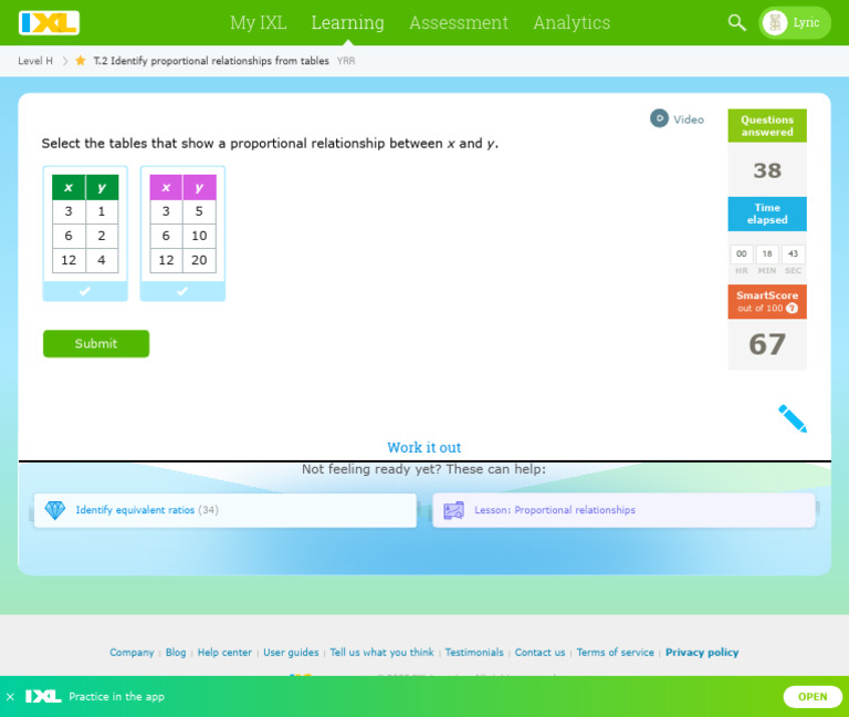 IXL Identify Proportional Relationships From Tables Level H Math | PDF