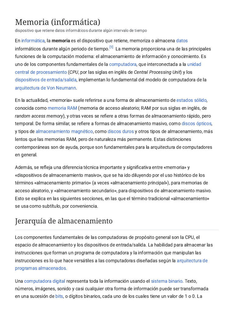 Memoria (Informática) - Wikipedia, La Enciclopedia Libre | PDF | Almacenamiento de datos de la ...