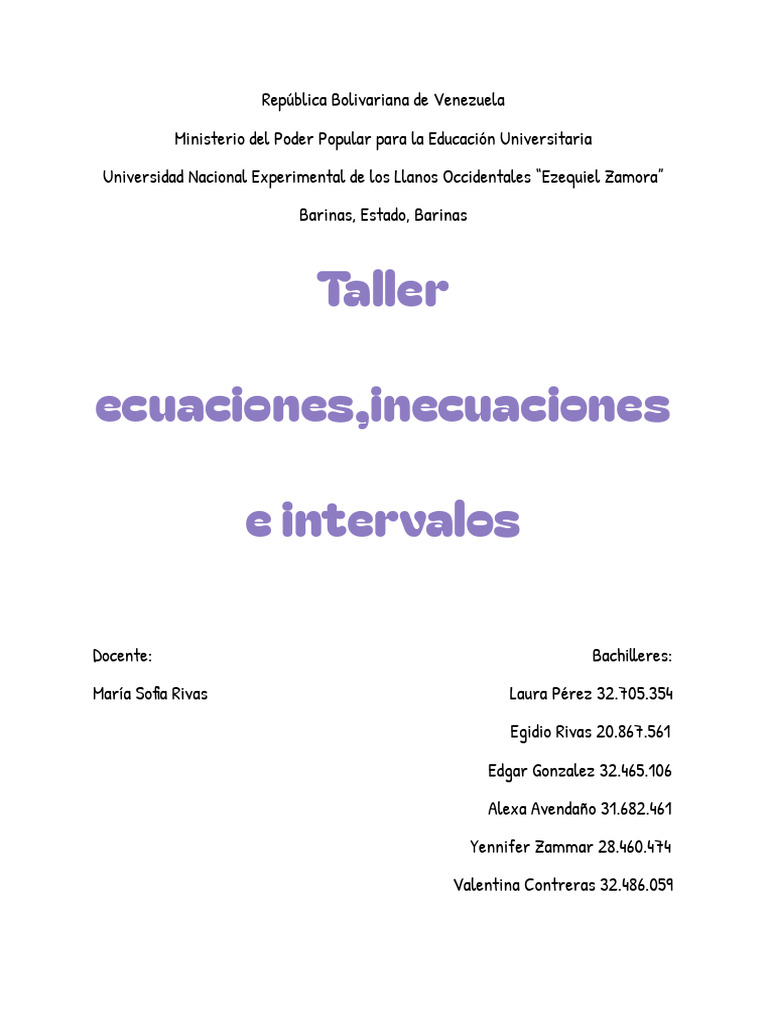 Taller Ecuaciones, Inecuaciones e Intervalos | PDF | Ecuaciones | Ecuación cuadrática