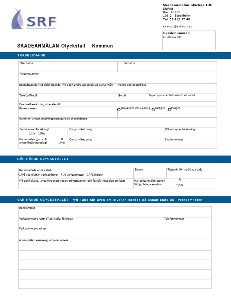 Skadeanmälan - Olycksfall Kommun - SRF | PDF