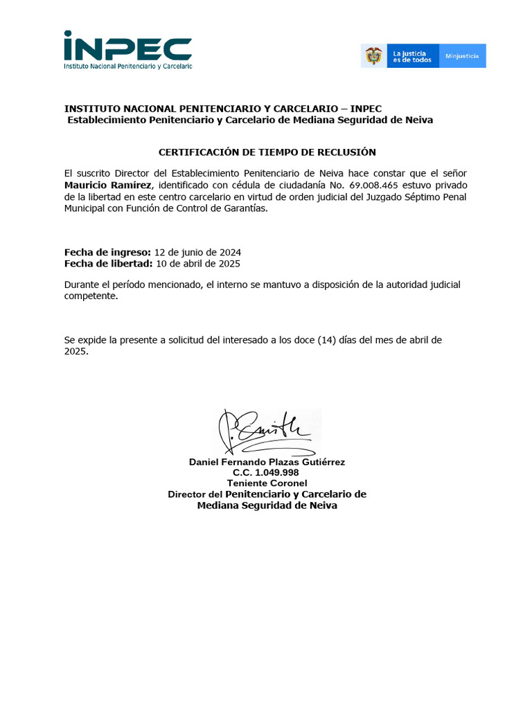 Certificación de Tiempo de Reclusión | PDF