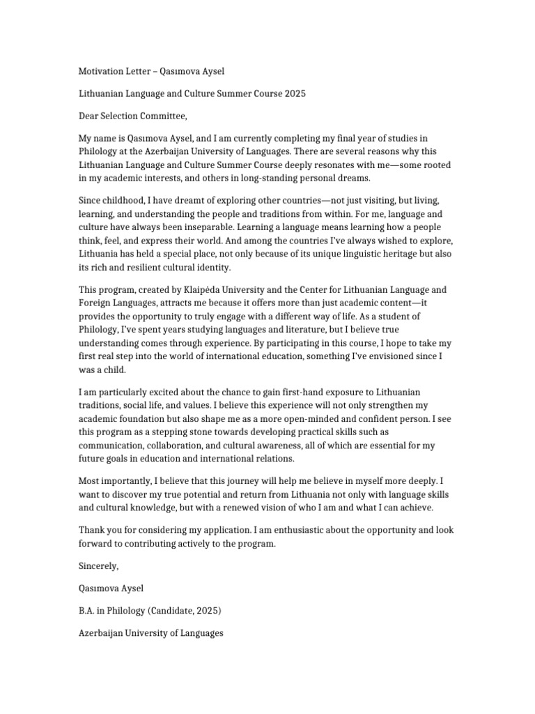 Motivation Letter for Lithuanian Course | PDF
