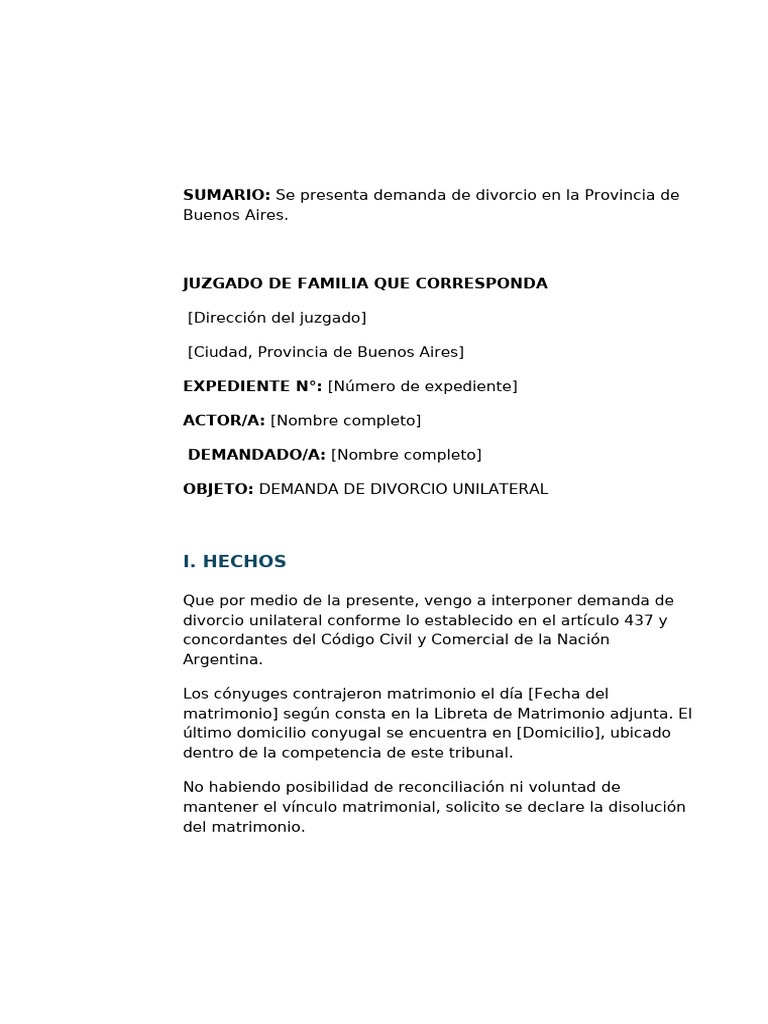 Demanda de Divorcio Unilateral en Buenos Aires | PDF | Divorcio ...