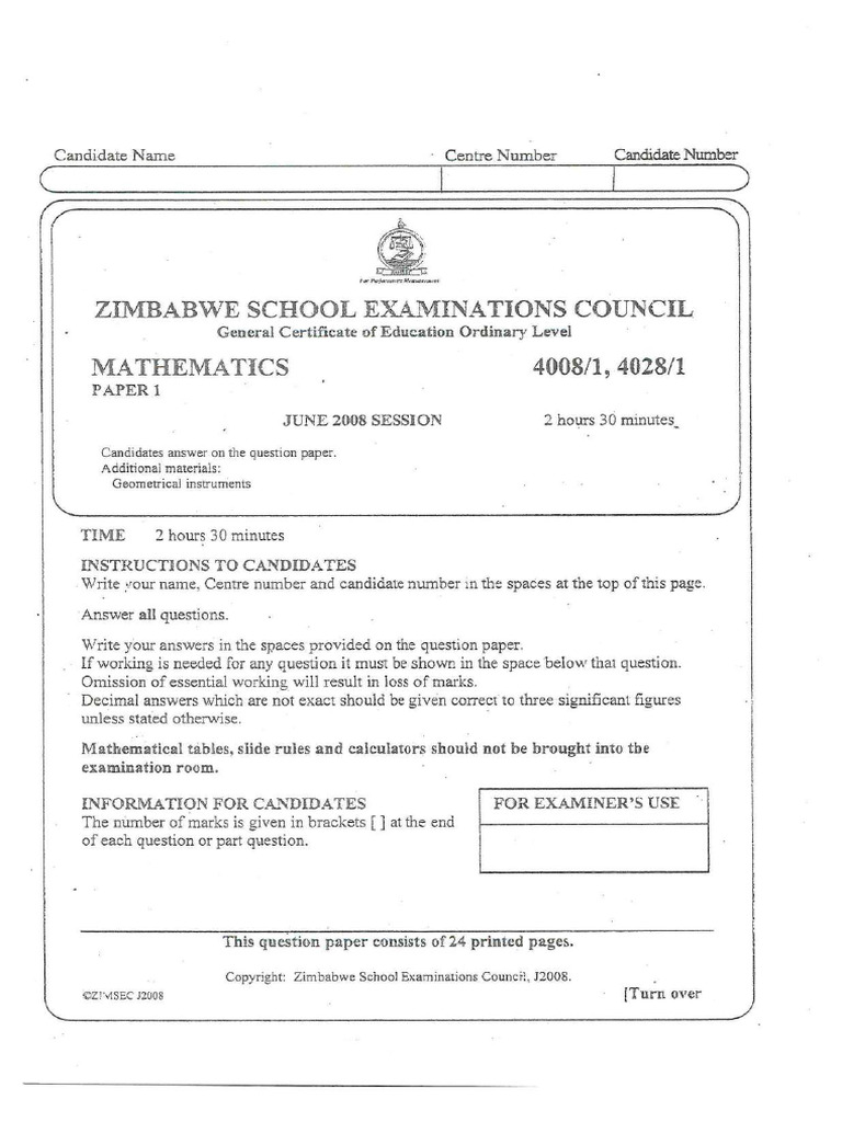 O-Levels Mathematics 2008 | PDF