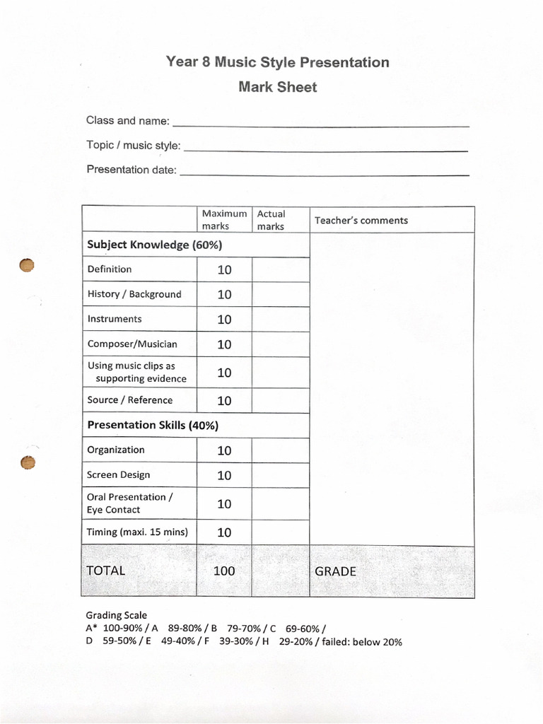Y8 Music Style Presentation Mark Sheet | PDF