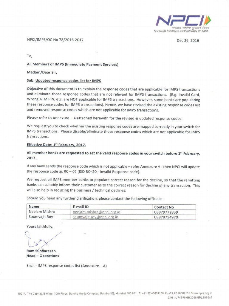 IMPS Circular 78 Updated Response Codes List For IMPS | PDF