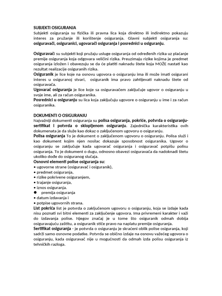 Subjekti I Rizici Premije Osiguranja VRSTGE OSIGURANJA | PDF