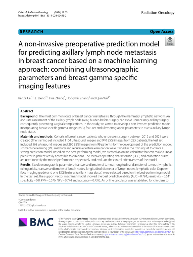 A non-invasive preoperative prediction model for predicting axillary lymph node metastasis in ...