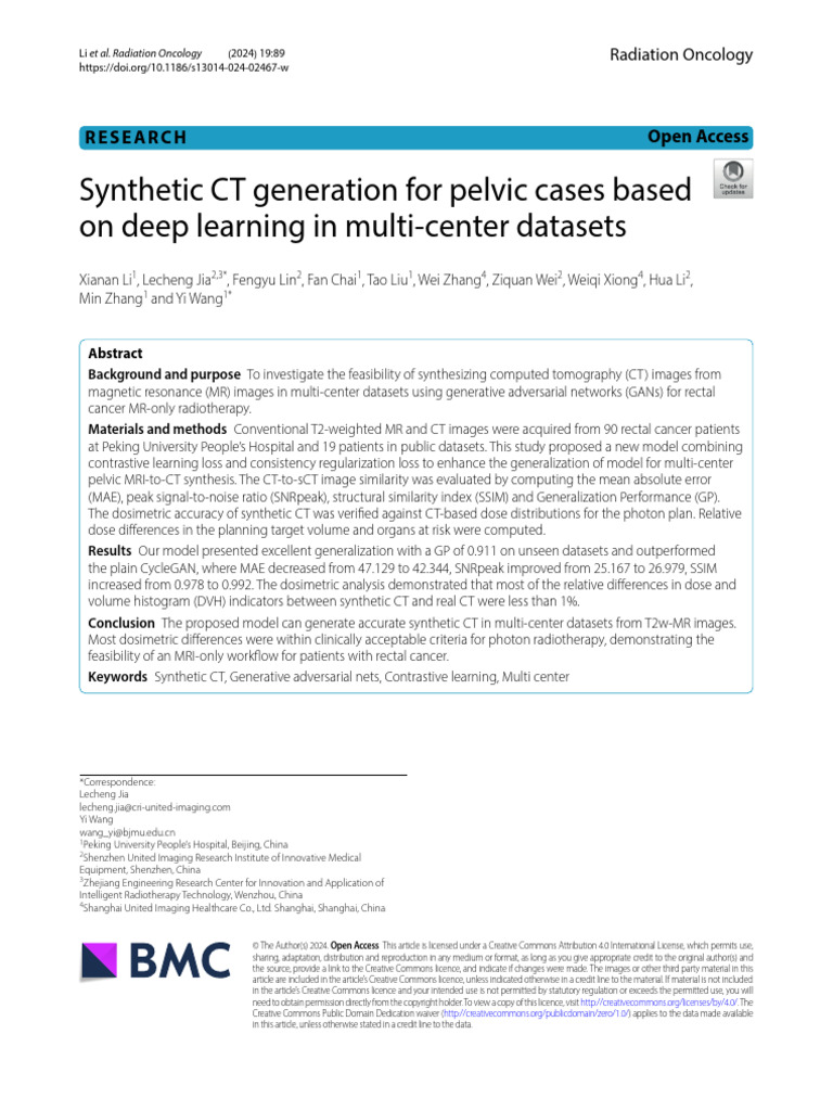 Synthetic Ct Generation For Pelvic Cases Based On Deep Learning In Multi Center Datasets Pdf