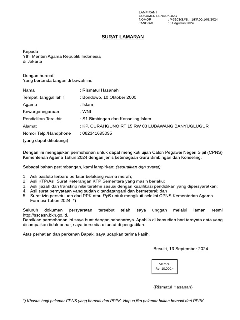 surat lamaran dan pernyataan cpns kemenag 2024 | PDF