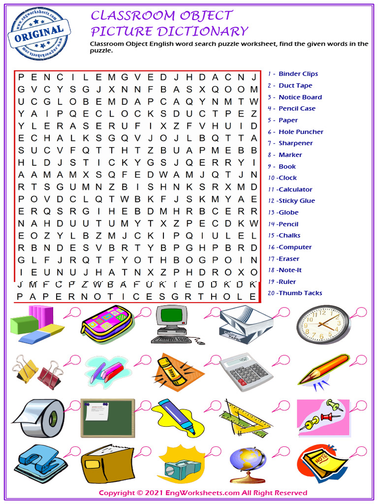 Classroom Objects Word Search Worksheet | PDF | Word Search | Graphite