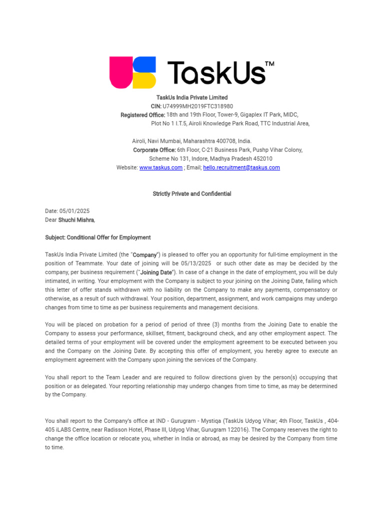 Review Documents for Employment Agreement for Job Application_ Shuchi ...