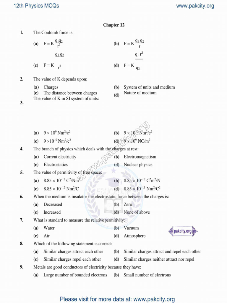12th Physics Full Book MCQs Imp For 2025 | PDF