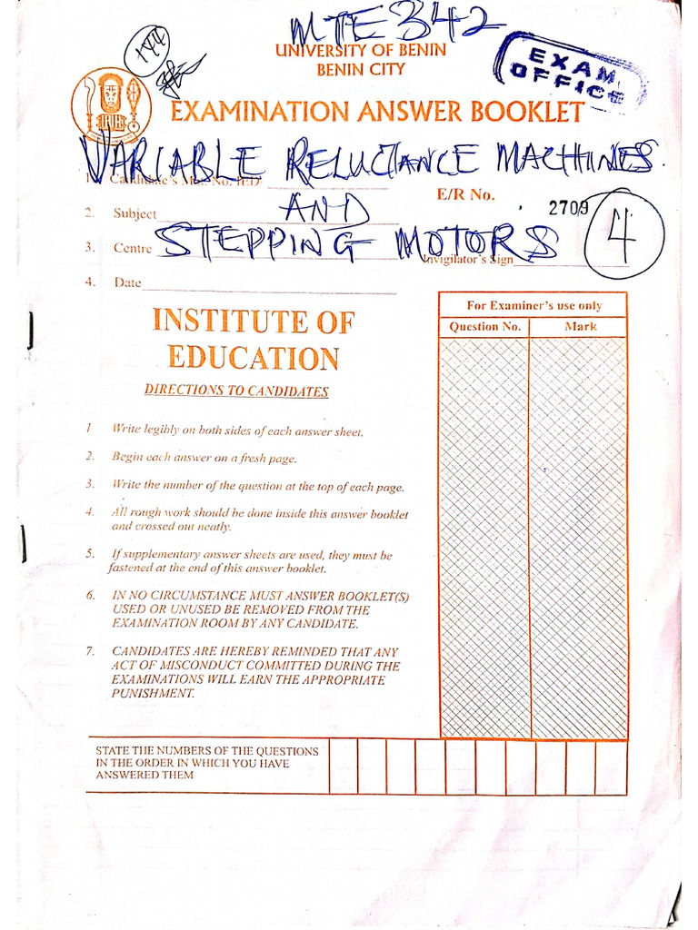 MTE342- VARIABLE RELUCTANCE MACHINE AND STEPPING MOTORS | PDF