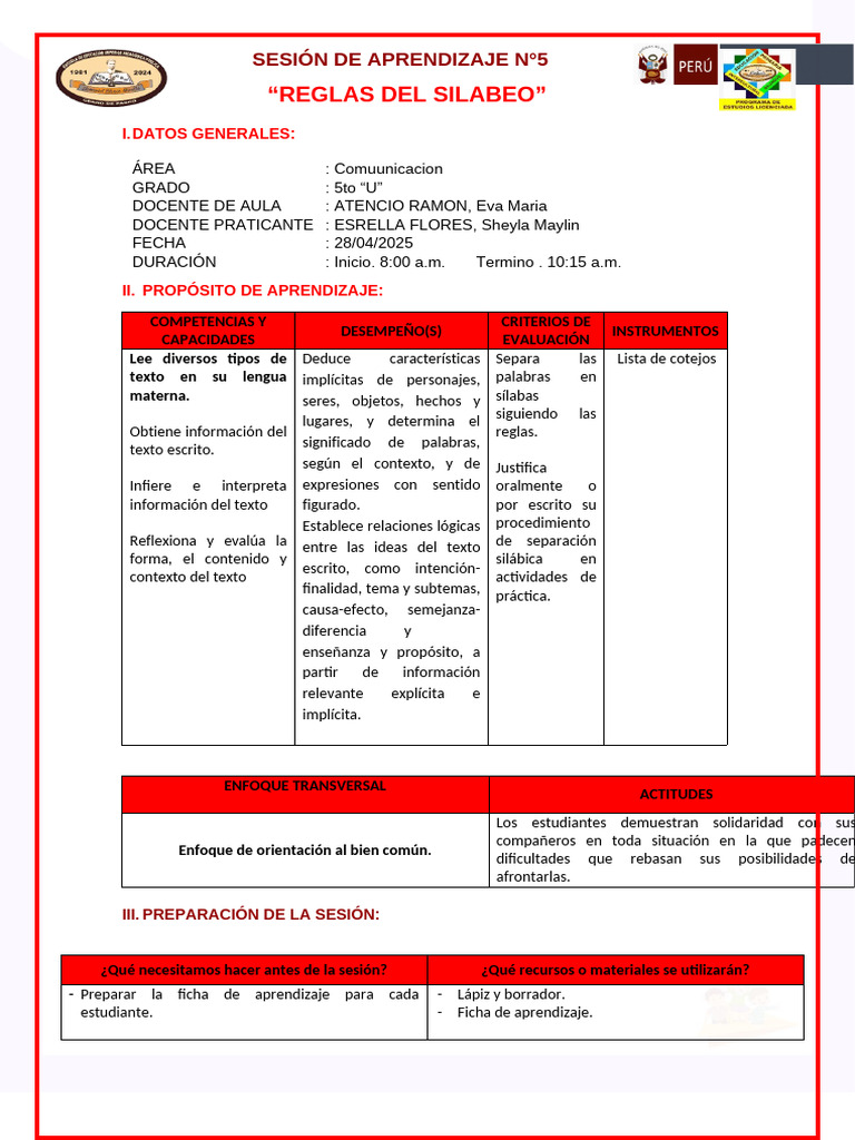 Sesión N°5 - Comunicacion - 5to Grado | PDF | Aprendizaje | Sílaba