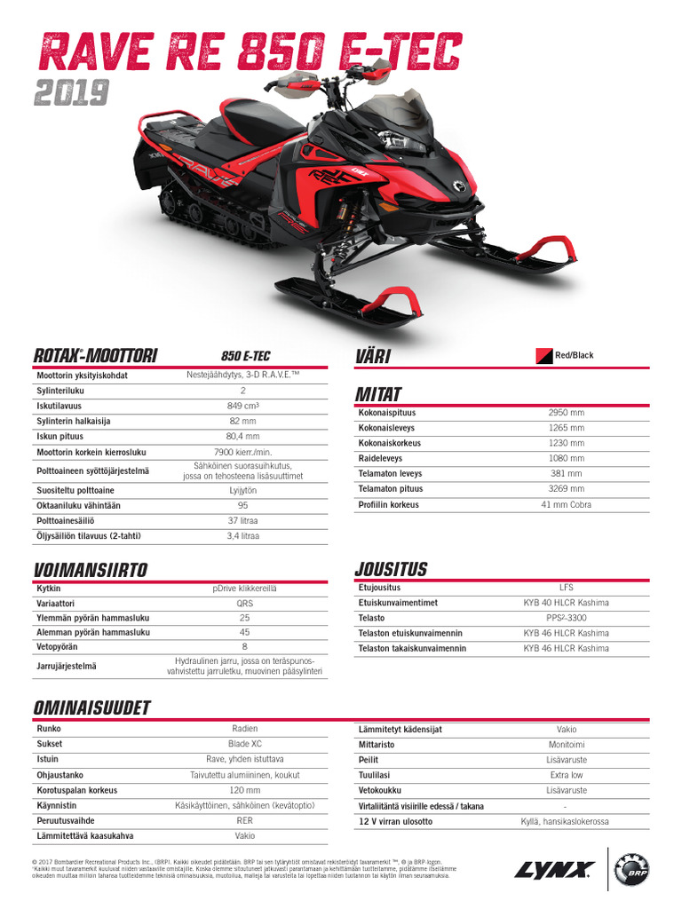 Lynx 2019 Spec Sheets - Rave RE 850 E-TEC - FI | PDF