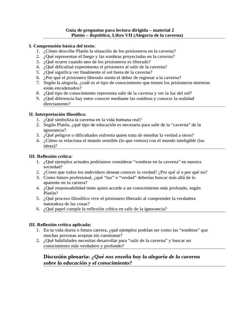 Guía de Preguntas para Lectura Dirigida | PDF | Conocimiento | Platón