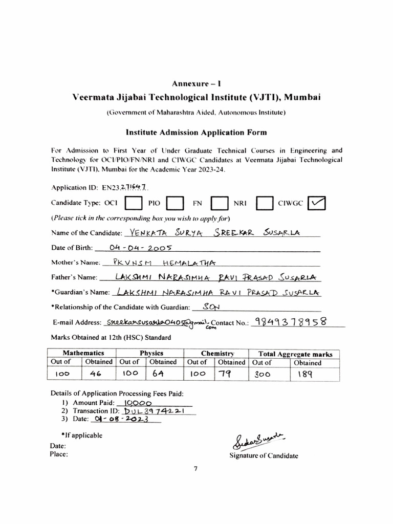 VJTI Mumbai Admission Application 2023-24 | PDF