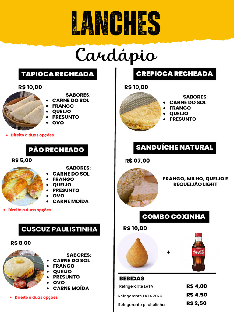 Cardápio de Lanches e Bebidas Variados | PDF