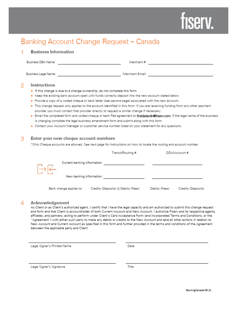 Canada Banking Account Change Request | PDF | Banks | Cheque