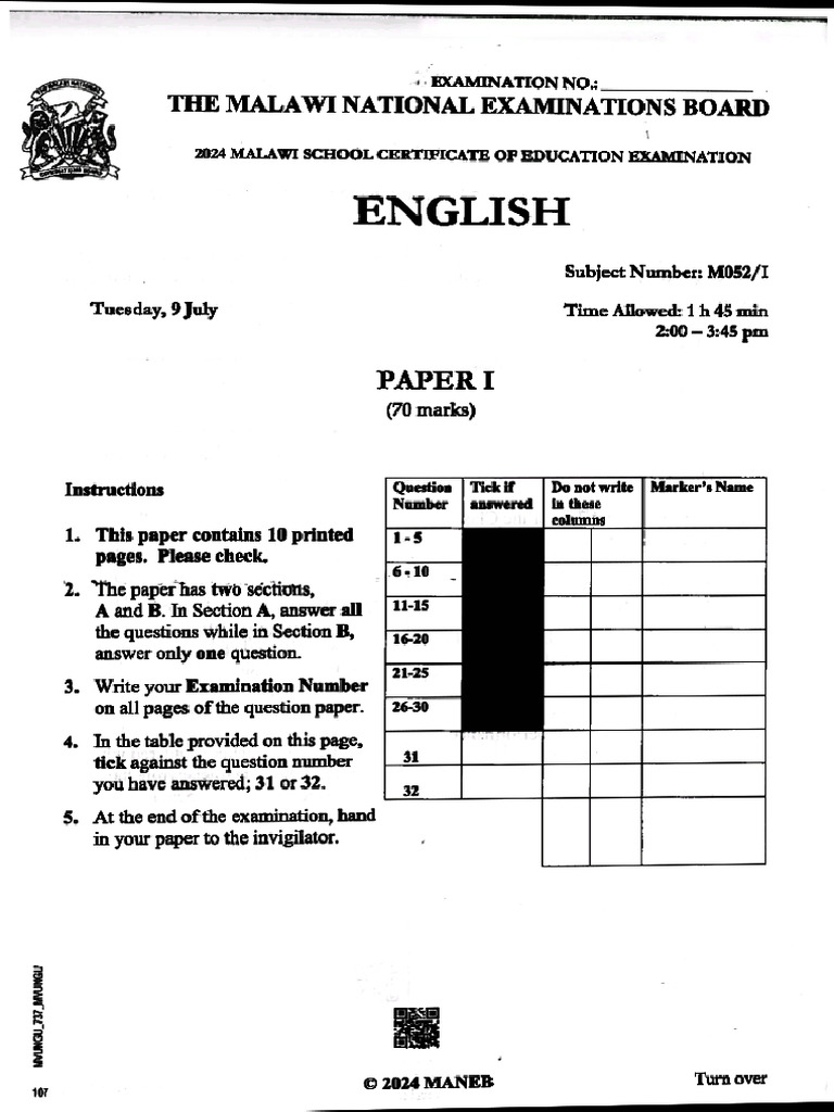 2024 English Past Paper 1 Pdf