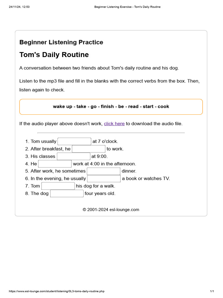 Beginner Listening Exercise - Tom's Daily Routine | PDF