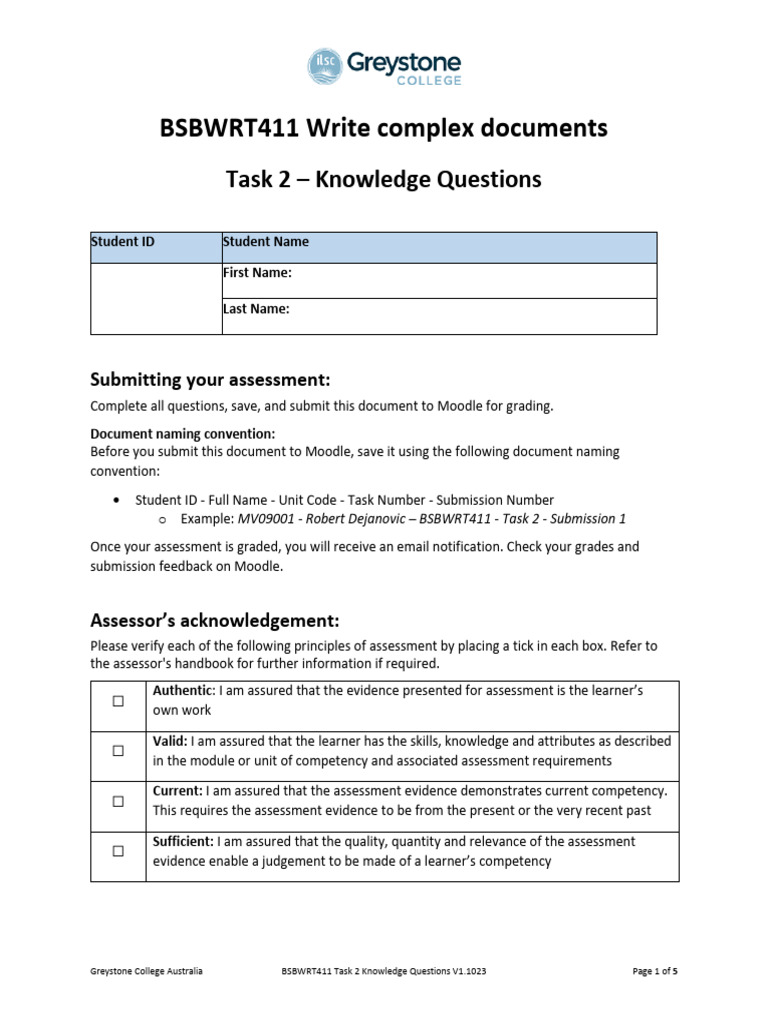BSBWRT411 Task 2 Knowledge Questions V1.1023 Fillable | PDF | Human ...