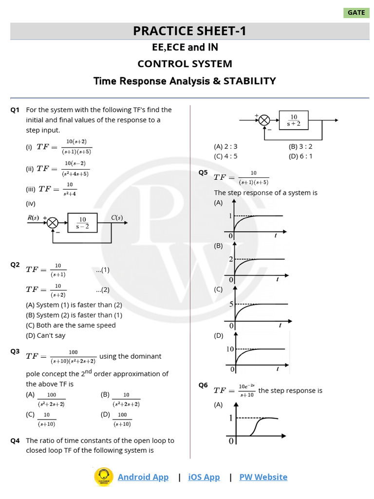 Time Response Analysis and Stability - Practice Sheet 01 | PDF | Damping | Electrical Circuits