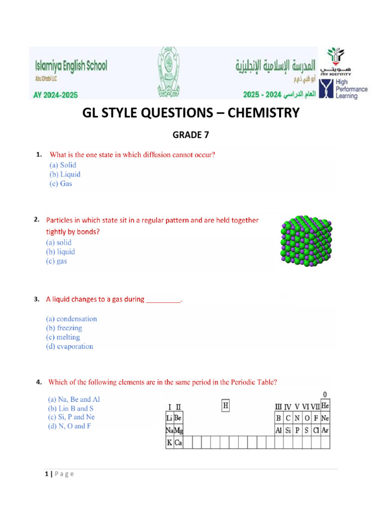 GL Style Questions - Chemistry: Grade 7 | PDF