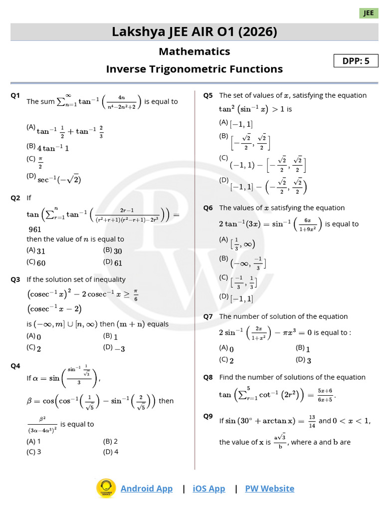 Inverse Trigonometric Functions _ DPP 05 (Of Lec 06) __ Lakshya JEE AIR O1 (2026) | PDF ...