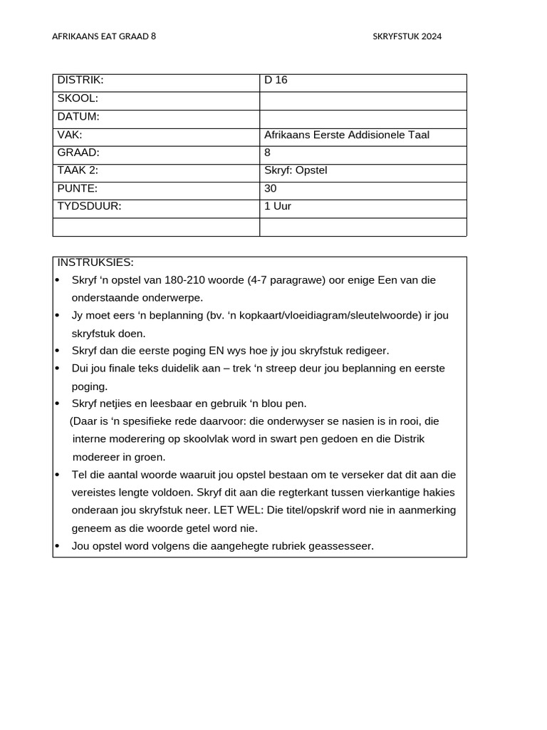 Afrikaans EAT Skryfwerk Taak 2 Opstel 2024 | PDF