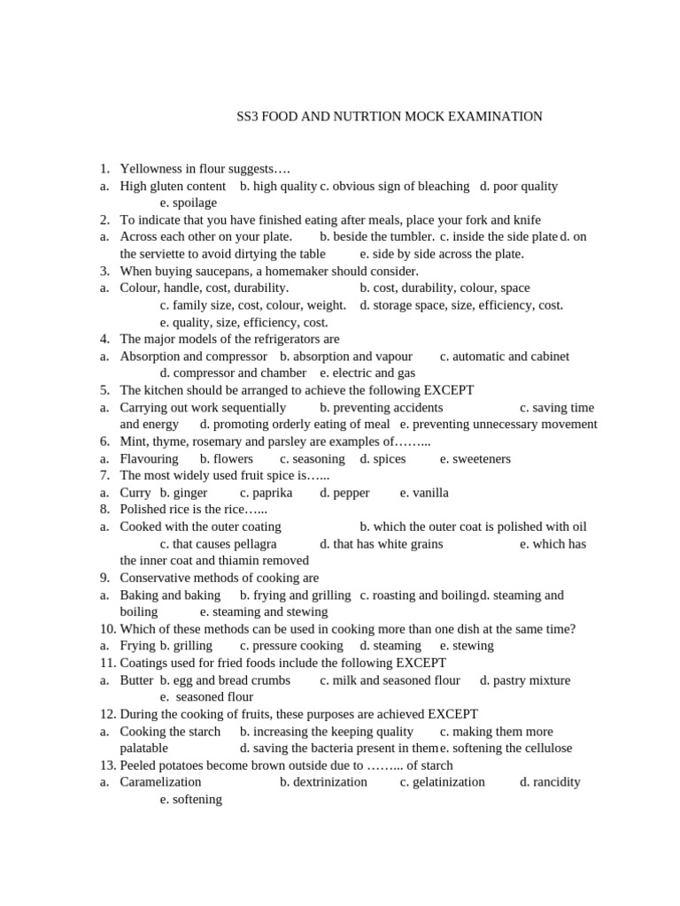 SS3 Food and Nutrition Mock Exam | PDF | Cooking | Foods